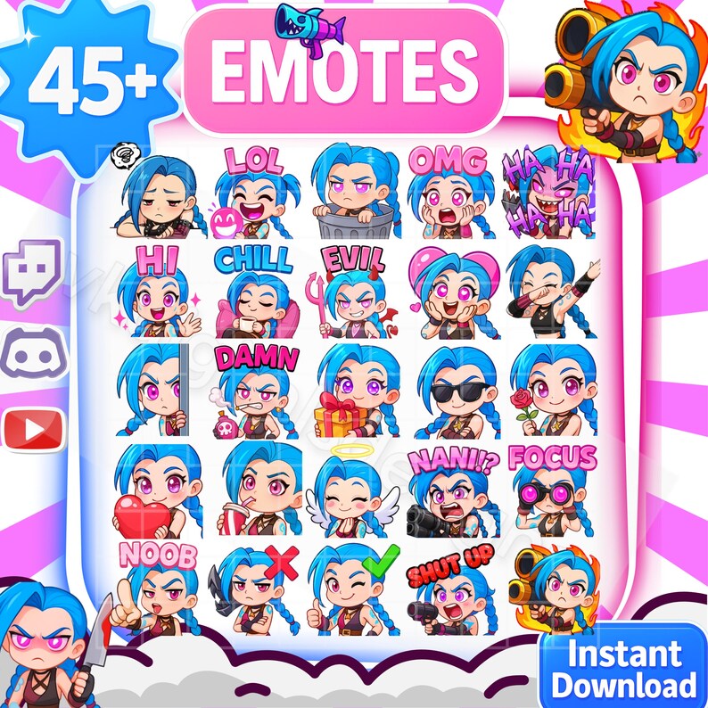 Chibi Girl Emotes: Arcanic Blue Hair Gamer PNG Bundle (instant Download ...