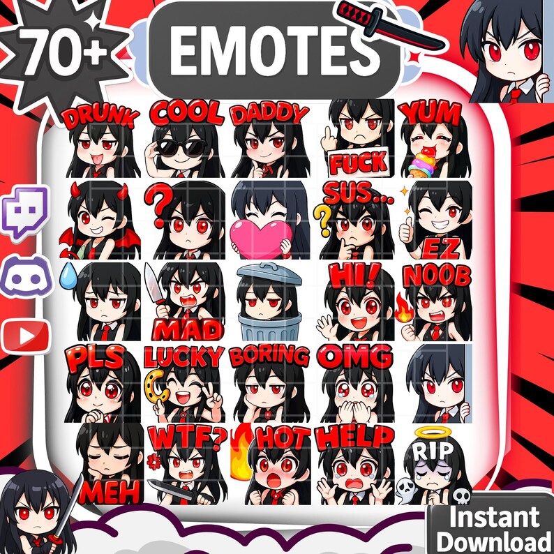 70+ Anime Sword Chibi Girl Emotes Pack – Kawaii Black Hair Red Eyes ...