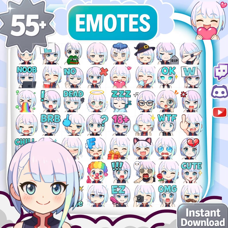 55+ Chibi Girl Emotes Pack – Kawaii Cute White Hair Cyberpunk Anime ...