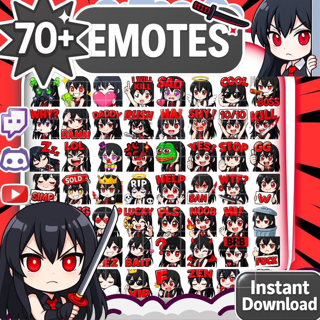70+ Anime Sword Chibi Girl Emotes Pack – Kawaii Black Hair Red Eyes ...