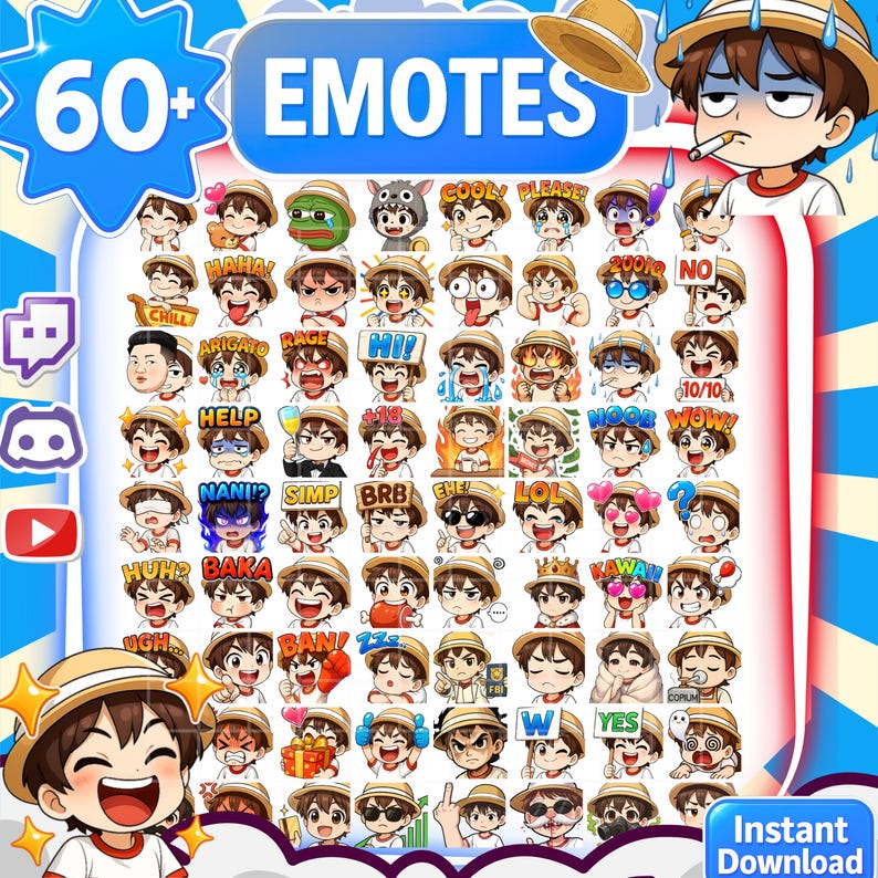 Pack 60+ Chibi Boy Emotes With Hat – Anime Style Transparent Kawaii PNG ...
