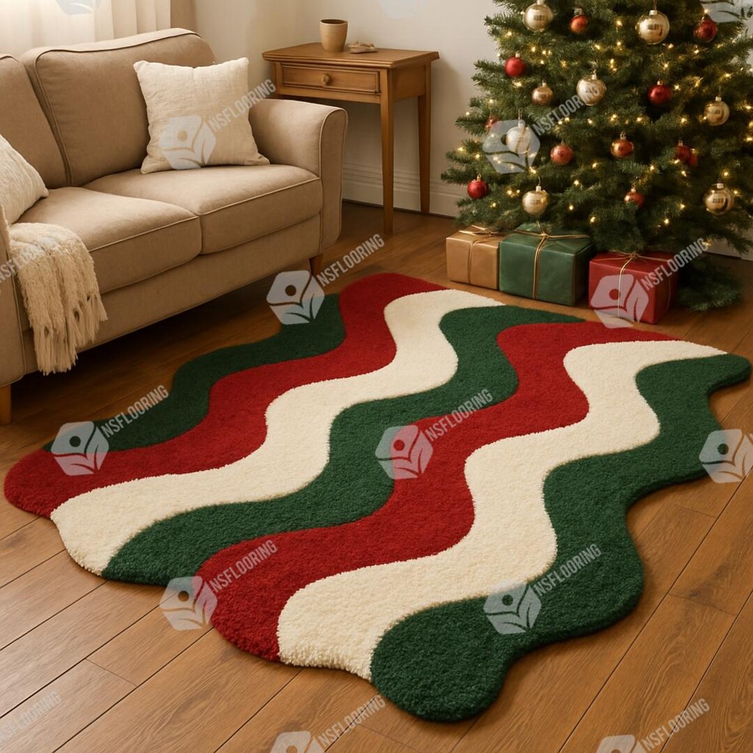Wavy Christmas Wool Rug: Red, Green, and Cream Holiday Decor - Etsy