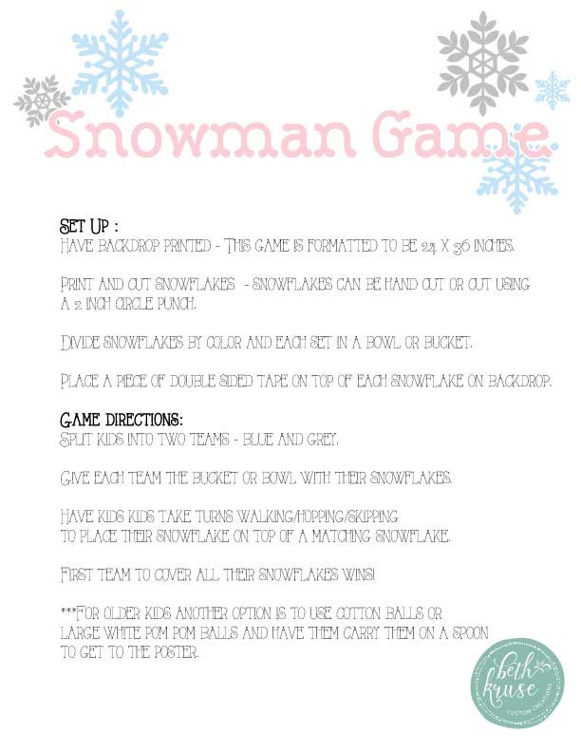 Snowman Printable Game by Beth Kruse Custom Creations | Etsy