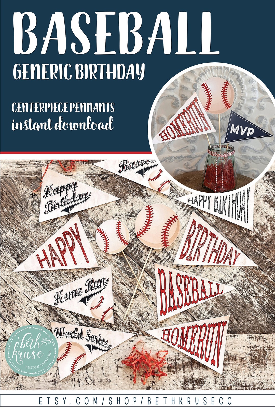 Baseball Birthday Party Centerpiece, Printable Pennant Flags, Vintage ...