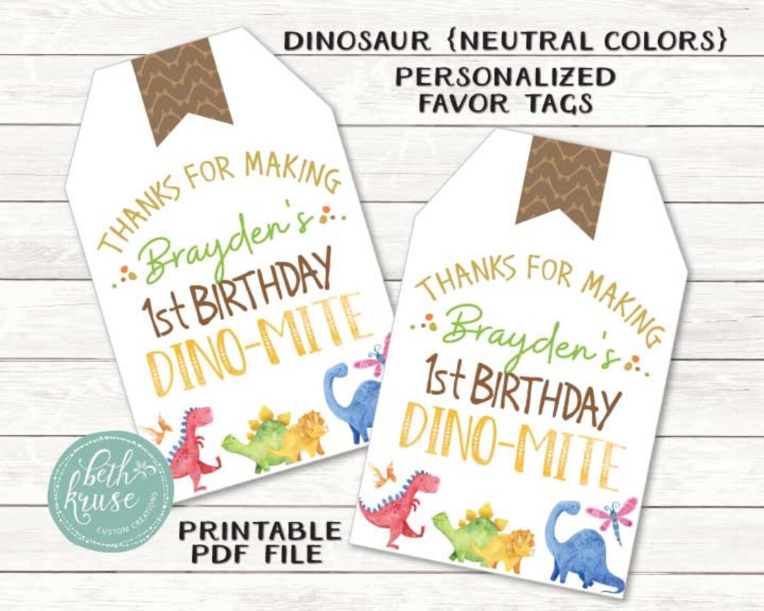 Dinosaur Favor Tags -- Personalized Printable PDF Files -- Neutral ...