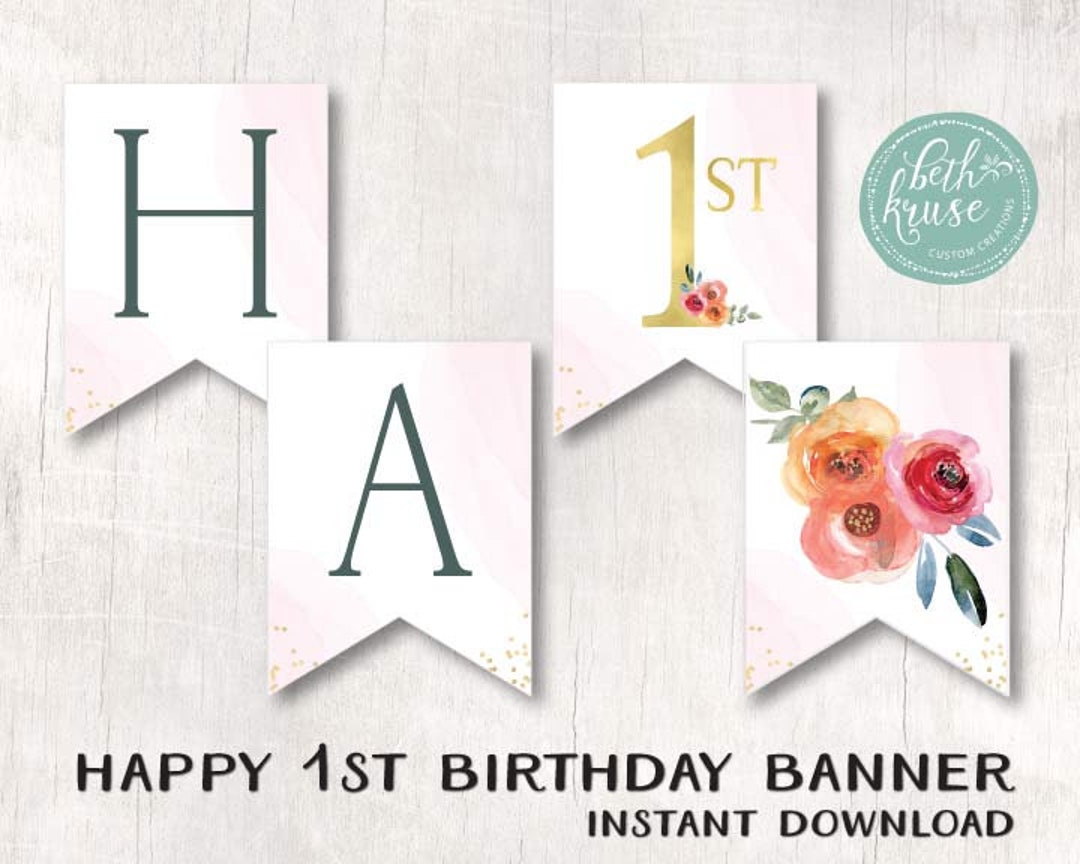 Floral 1st Birthday Banner: Blush and Gold Printable (PDF) - Etsy