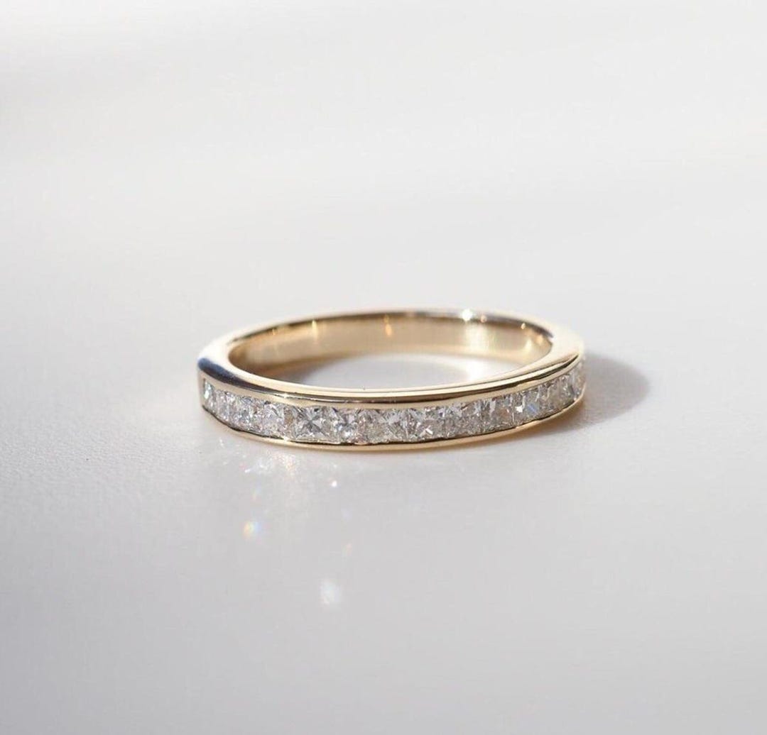 Dainty Princess Cut Moissanite Wedding Band: 14K Yellow Gold Half ...