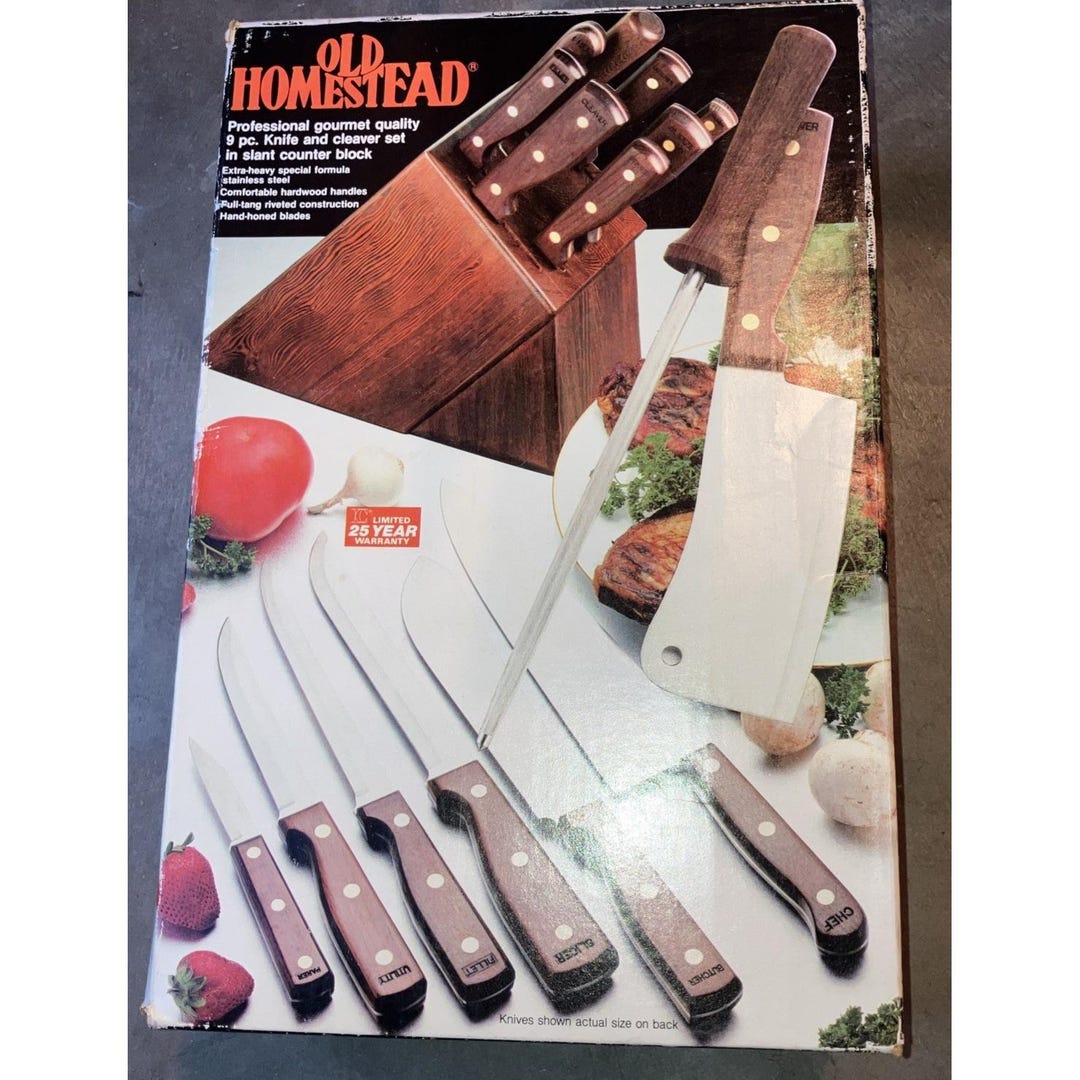 Vintage Old Homestead Butcher Knife Set Walnut Wood Handles Block ...