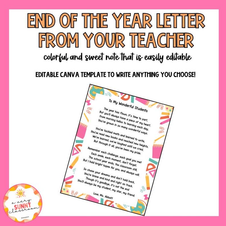 End of the Year Letter to Students From Teacher | Editable Canva ...