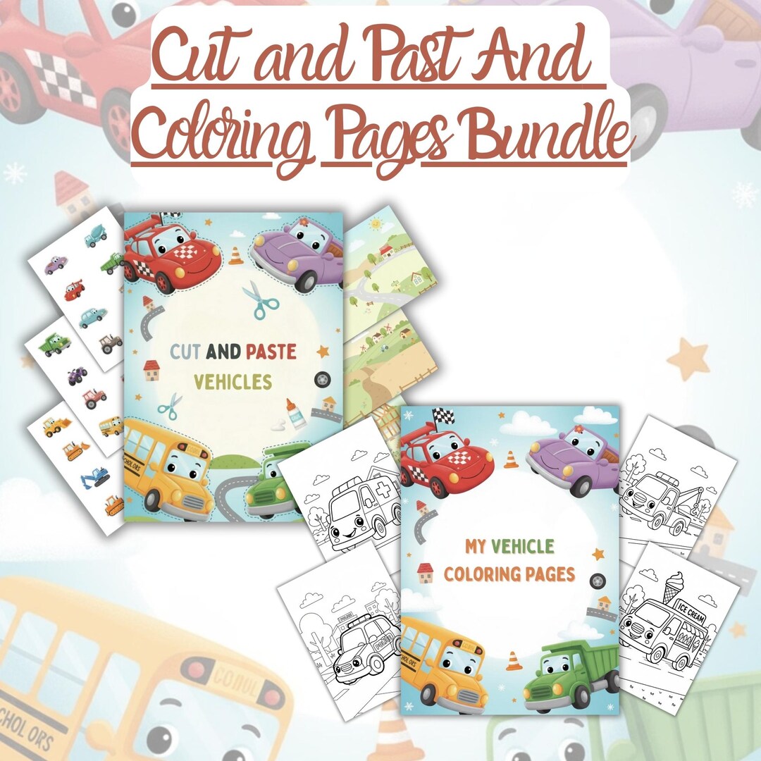 Kids Vehicles Activity Bundle – Coloring Pages + Cut and Paste ...