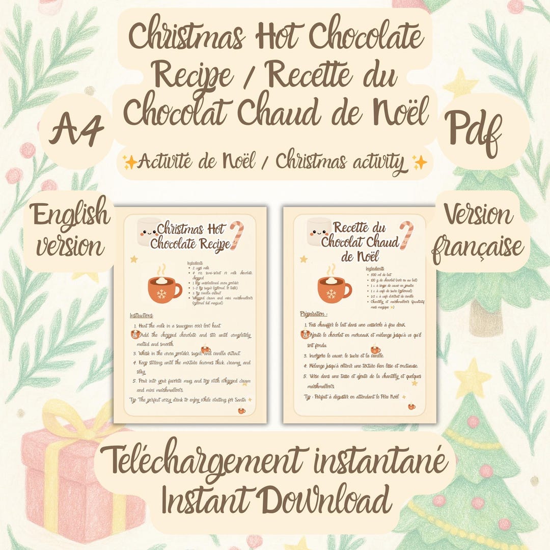 Christmas Hot Cocoa Recipe Printable – Recette De Chocolat Chaud – PDF ...