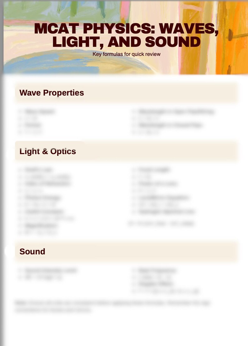 MCAT Formula Sheet - Physics: Waves, Light and Sound - Etsy