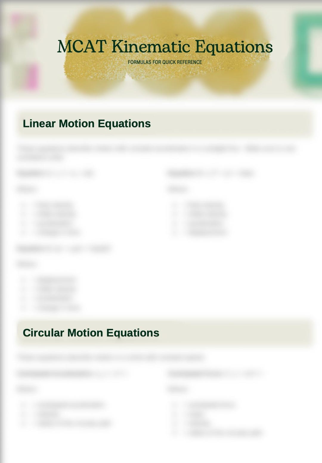 MCAT Equation Sheet - Kinematics Equations (2 Pages) - Etsy