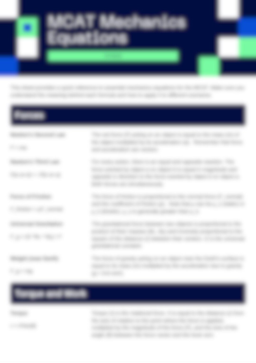 MCAT Equation Sheet - Mechanics (physics) (2 Pages) - Etsy