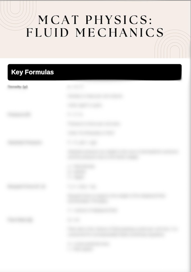 MCAT Formula Sheet - Fluid Mechanics (physics) (4 Pages) - Etsy