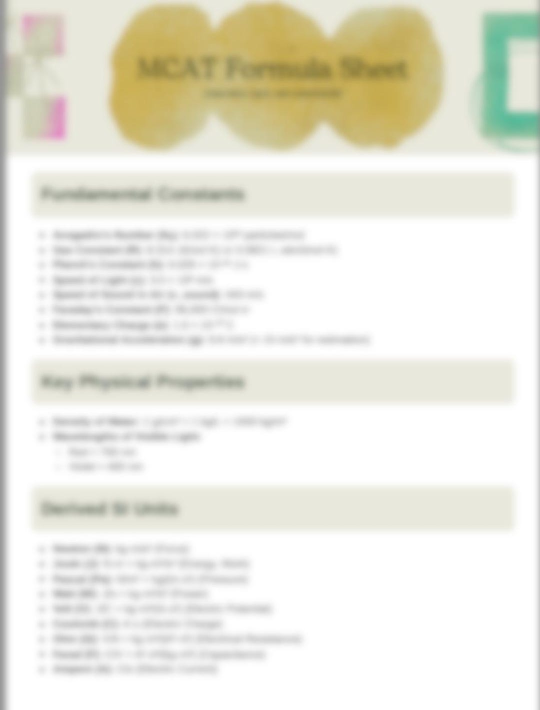 MCAT Formula Sheet - Constants, Units, Conversions (2 Pages) - Etsy