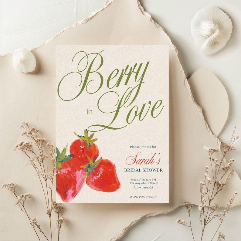 Printable Berry Bridal Shower Invitation, Elegant Summer Theme (5x7 ...