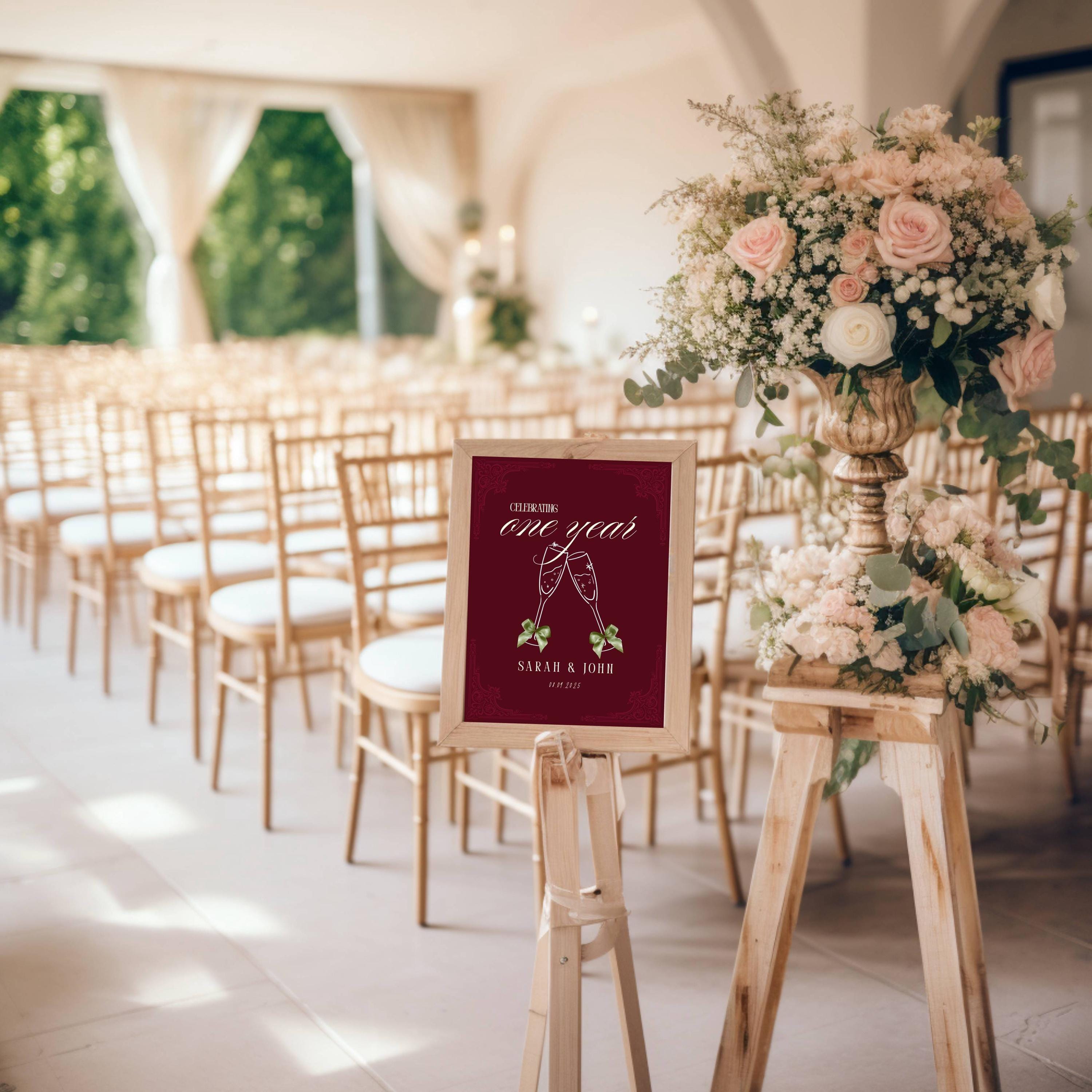 Burgundy Anniversary Welcome Sign: Elegant Bow Design (canva Template ...