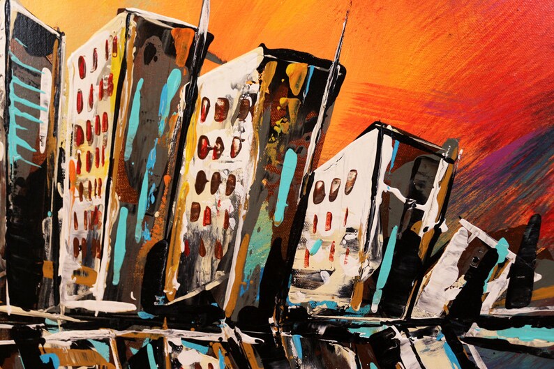 24x36 Original City Skyline Abstract Painting Acrylic Colorful Fine Art ...