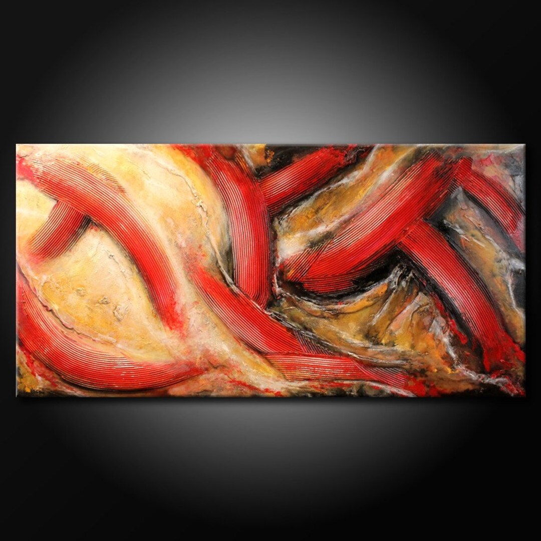Textured Abstract Painting: “magma Fusion” Red, Black, and Sand, 48x24 ...