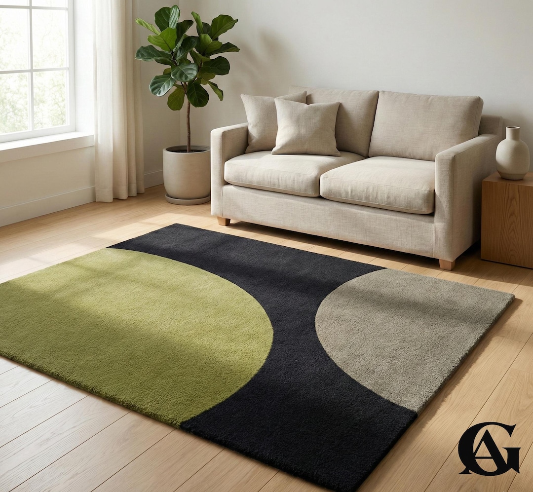 Modern Olive Green Abstract Geometric Wool Rug | Color Block Hand ...