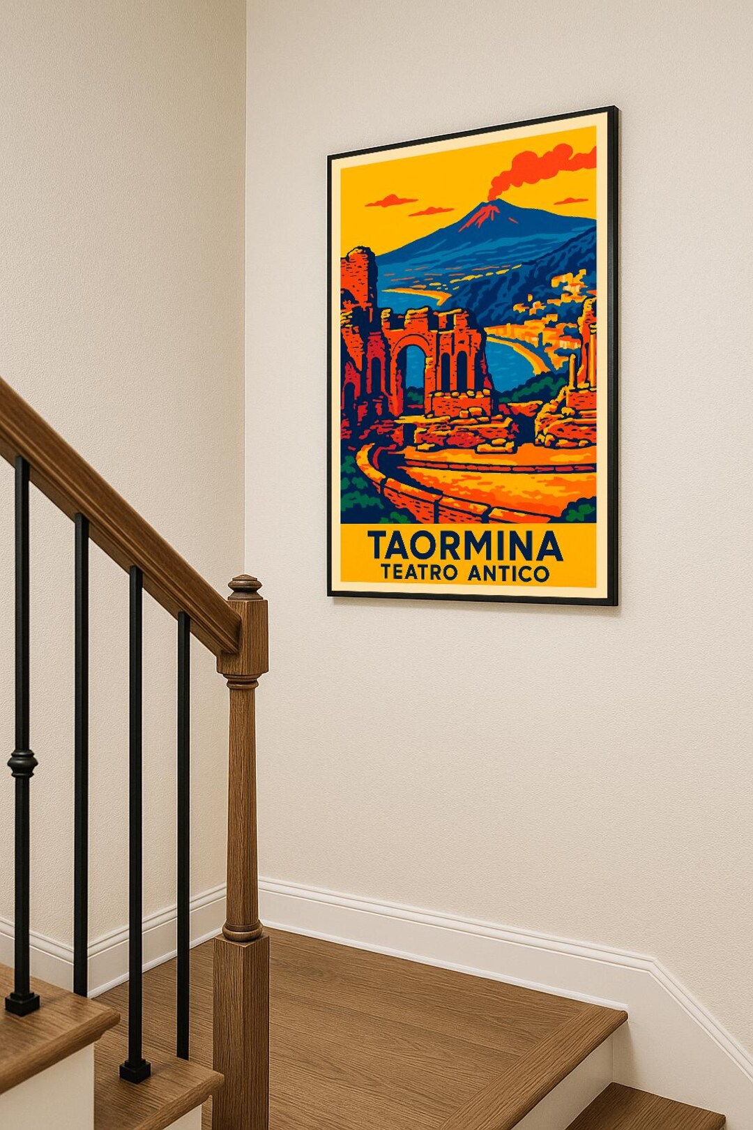 Taormina Italy Travel Poster: Volcano & Teatro Antico Art Print - Etsy