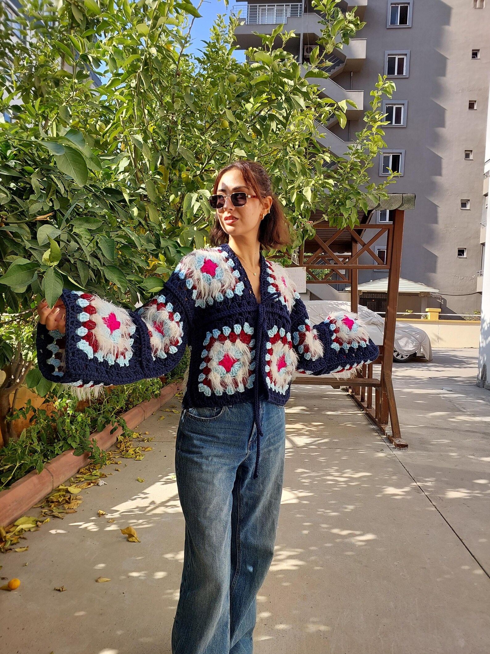 Handmade Granny Square Crochet Cardigan, Feather Detail Boho Knit ...