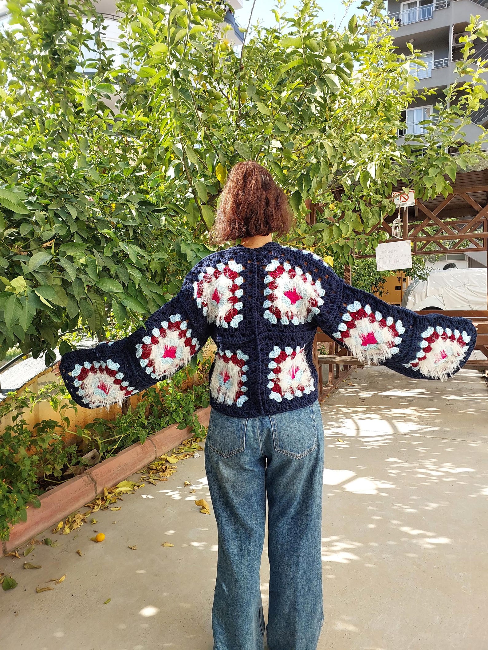 Handmade Granny Square Crochet Cardigan, Feather Detail Boho Knit ...