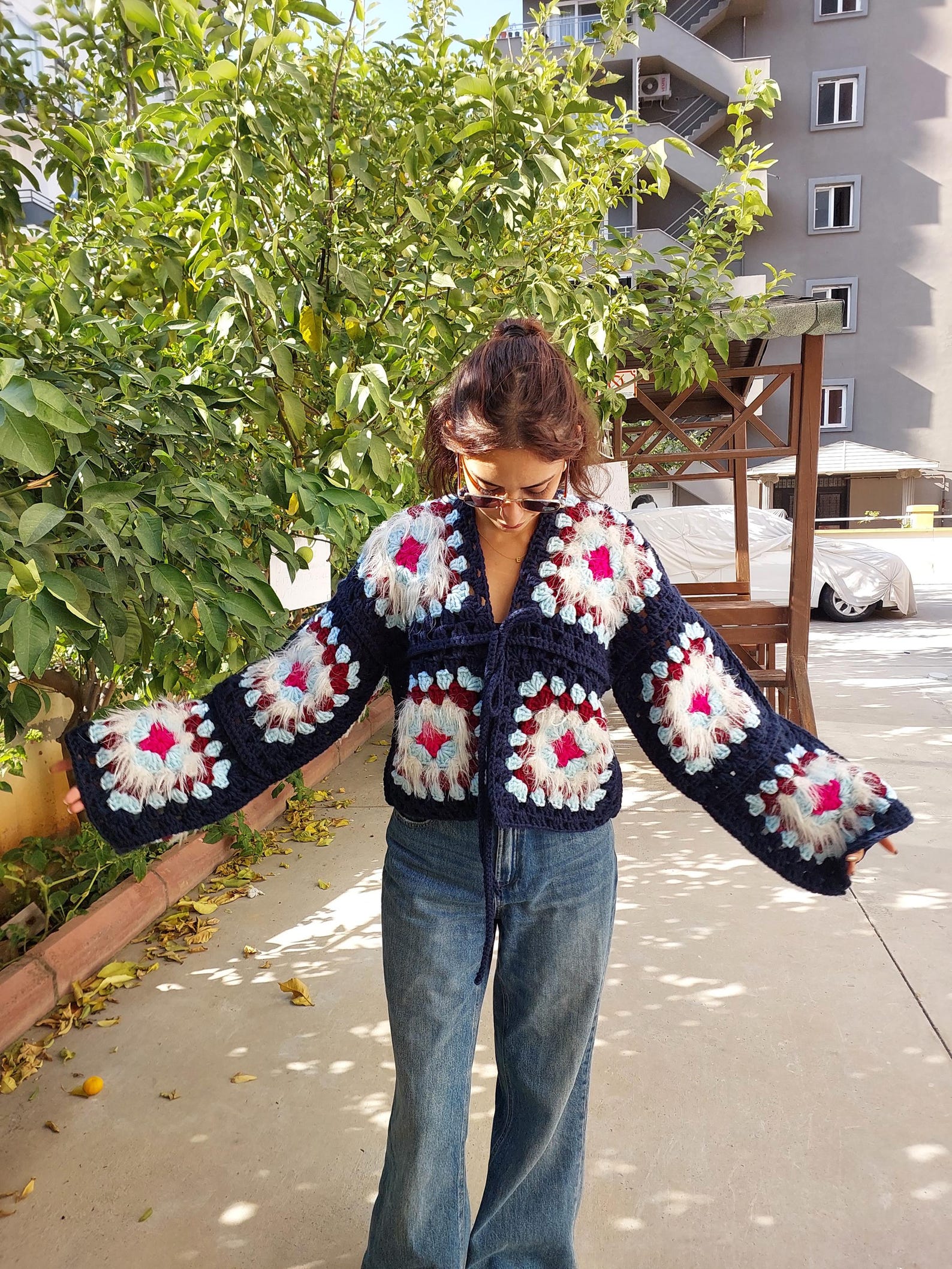 Handmade Granny Square Crochet Cardigan, Feather Detail Boho Knit ...