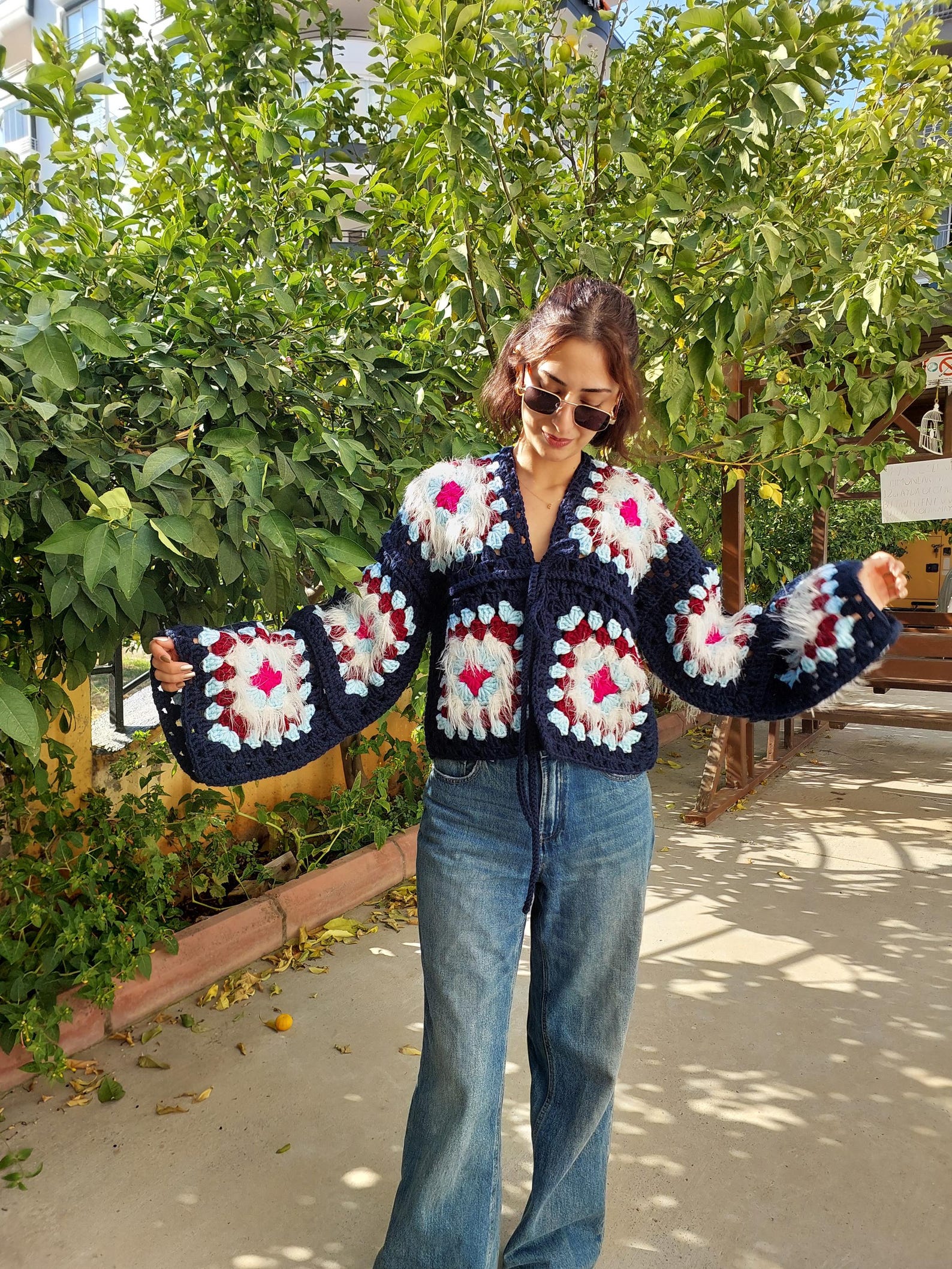 Handmade Granny Square Crochet Cardigan, Feather Detail Boho Knit ...