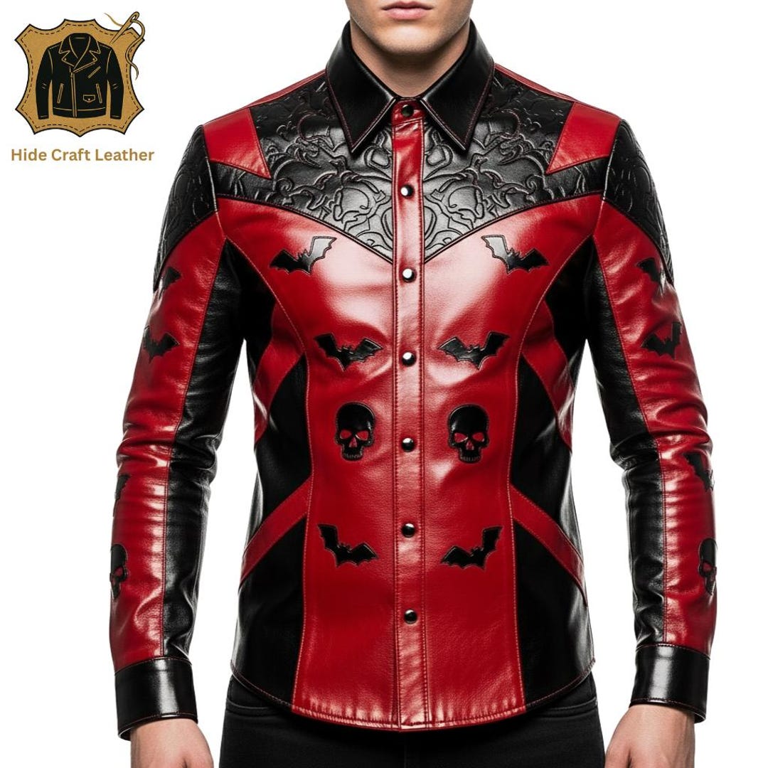 Gothic Lambskin Leather Shirt: Red & Black Bat Skull Embossed Biker ...