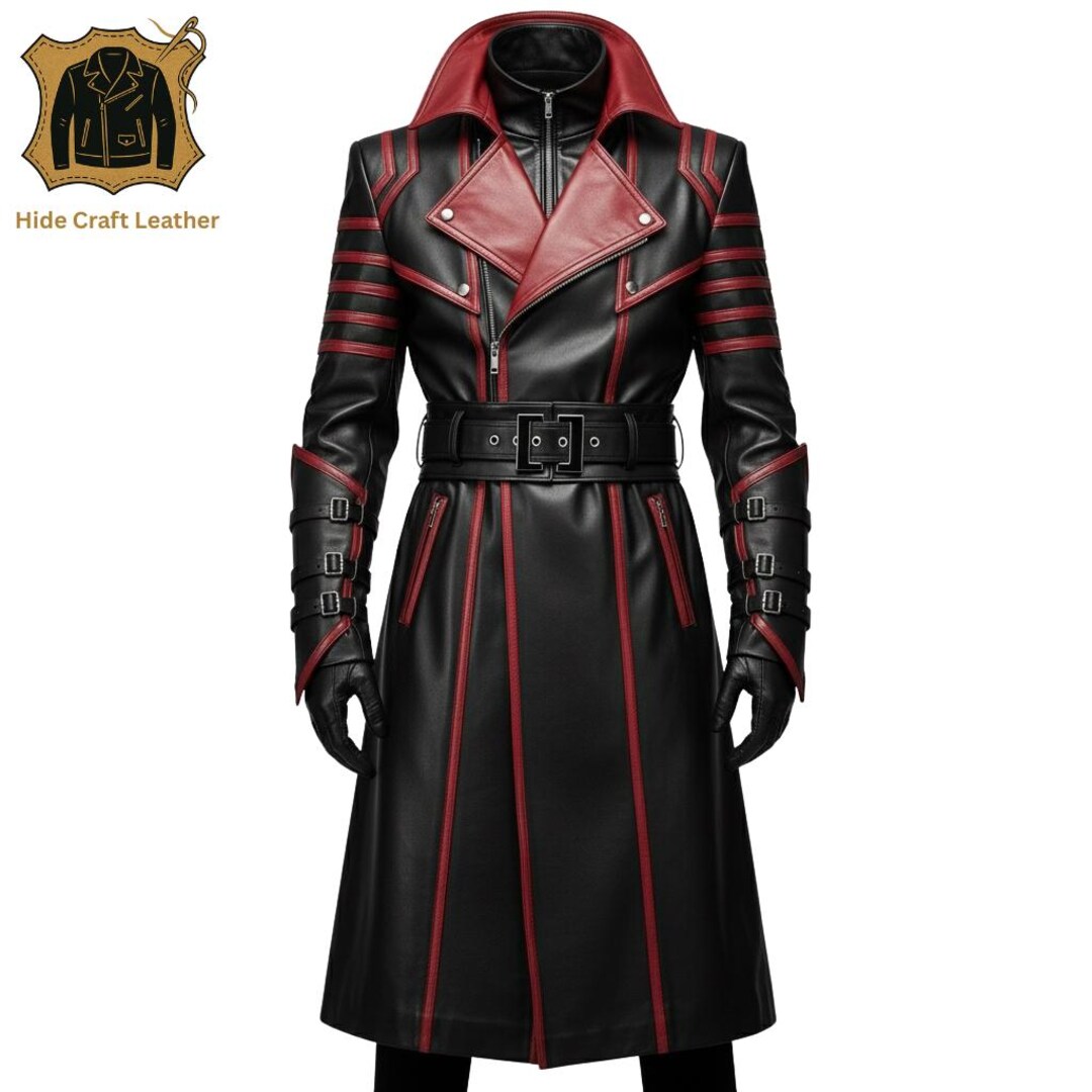 Men's Gothic Lambskin Leather Belted Black & Red Leather Trench Coat ...