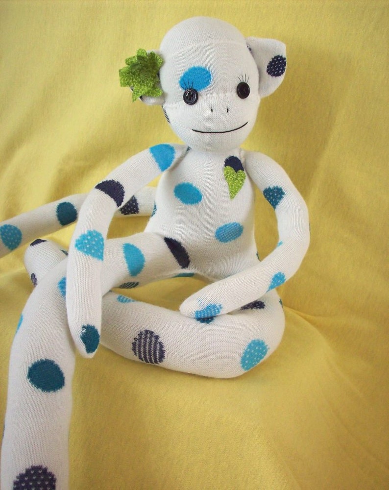 Sock monkey doll in white with blue polka dots Fiona | Etsy