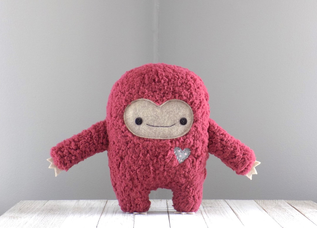 Monster Plush Stuffed Toy in Deep Red and Beige, Cute Handmade Monster ...
