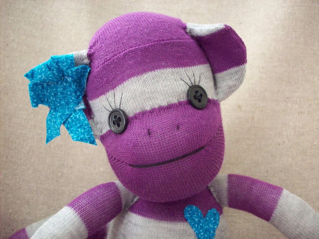Sock Monkey Stuffed Animal in Purple and Grey Stripes, Cute Plushie ...