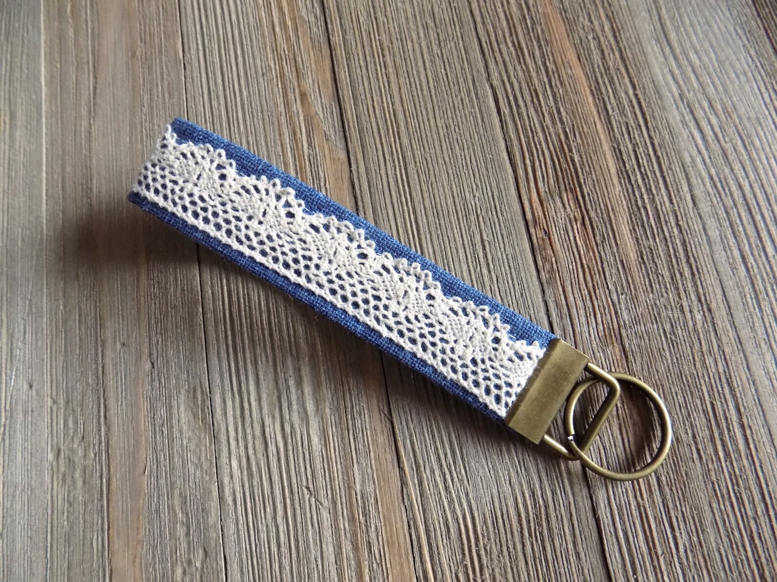 Wristlet Key Chain Wrist Key Fob in Blue With Vintage Lace - Etsy
