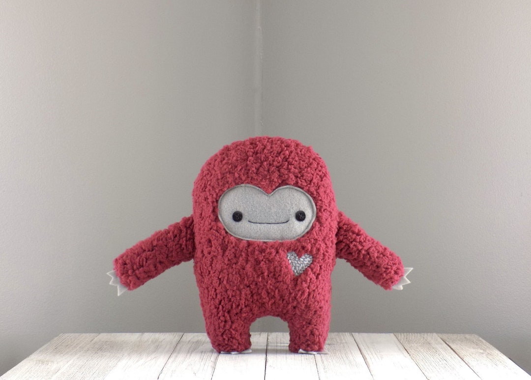 Monster Stuffed Animal in Deep Red and Grey, Cute Handmade Plush Toy ...