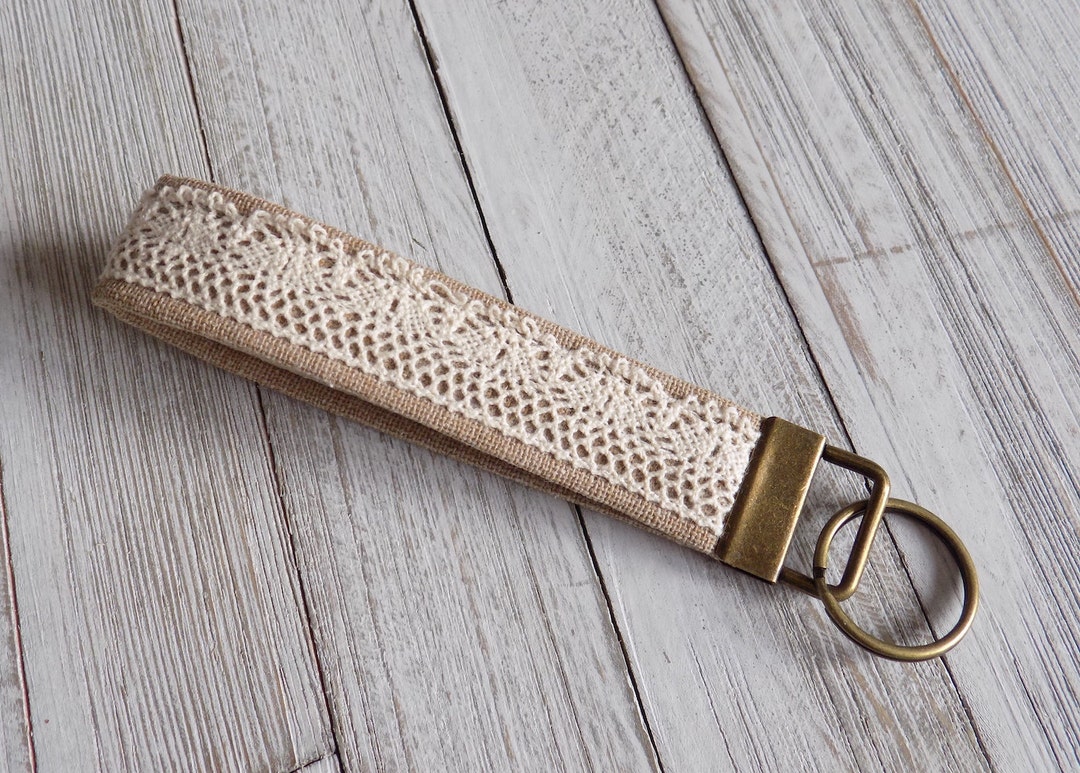 Wrist Key Chain, Key Chain for Wrist in Tan With Cream Lace, Fabric ...