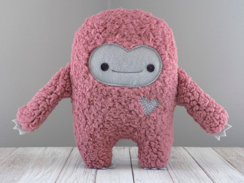 Monster Stuffed Animal in Pink and Grey, Handmade Kawaii Yeti Big Foot ...