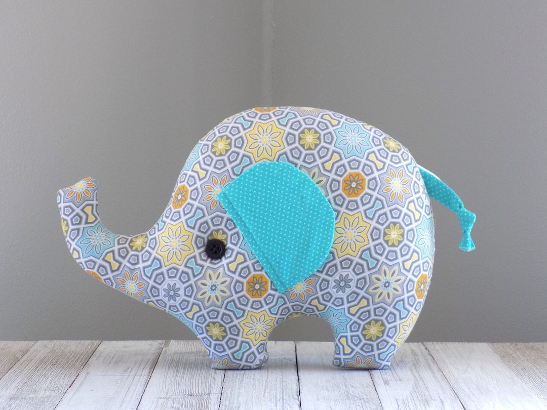 Elephant Stuffed Animal in Grey and Teal Sunburst Pattern, Handmade ...