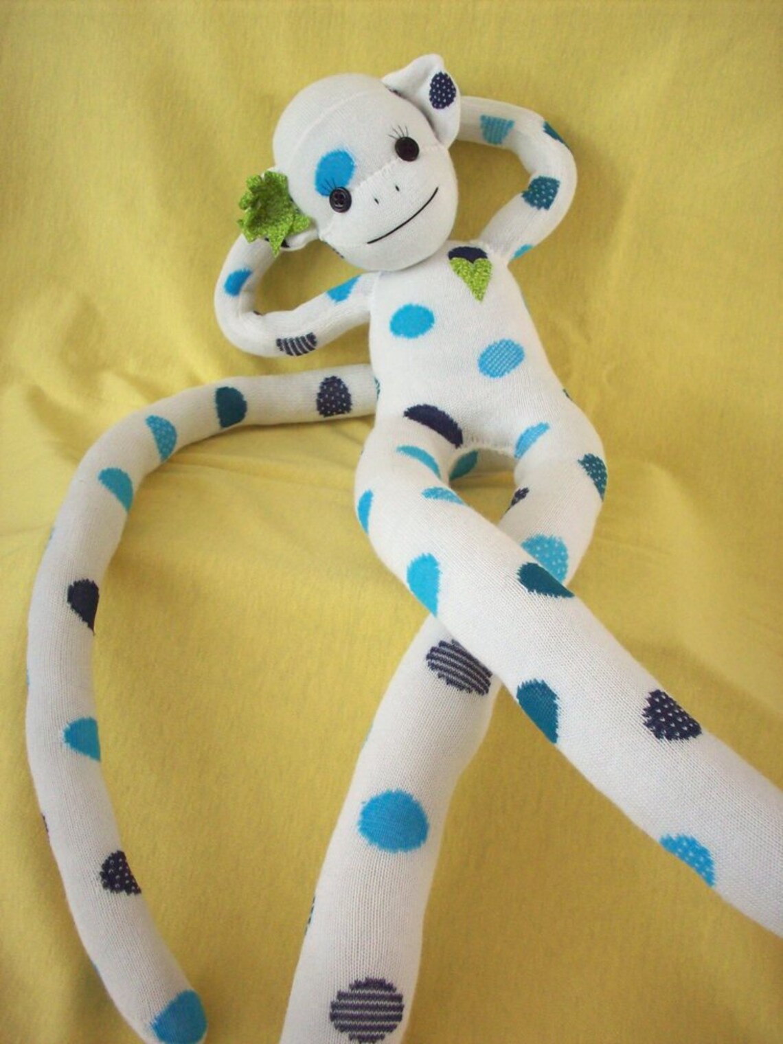 Sock monkey doll in white with blue polka dots Fiona | Etsy