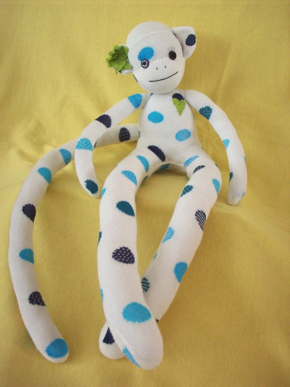 Sock monkey doll in white with blue polka dots Fiona | Etsy