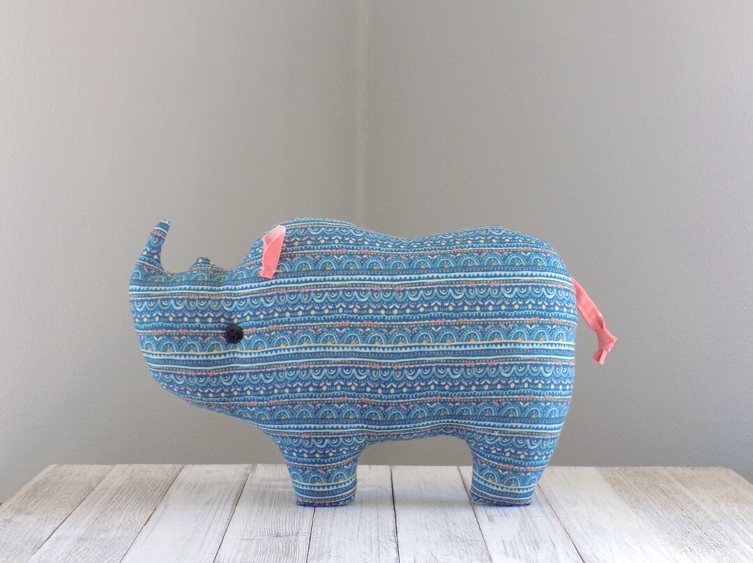 Rhino Stuffed Animal in Blue Multi Stripe Print, Handmade Rhinoceros ...