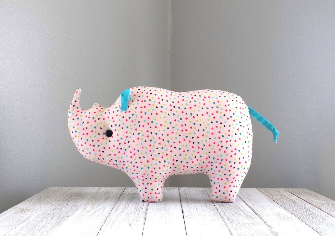 Rhino Stuffed Animal in Pink Confetti Print, Handmade Rhinoceros Pillow ...
