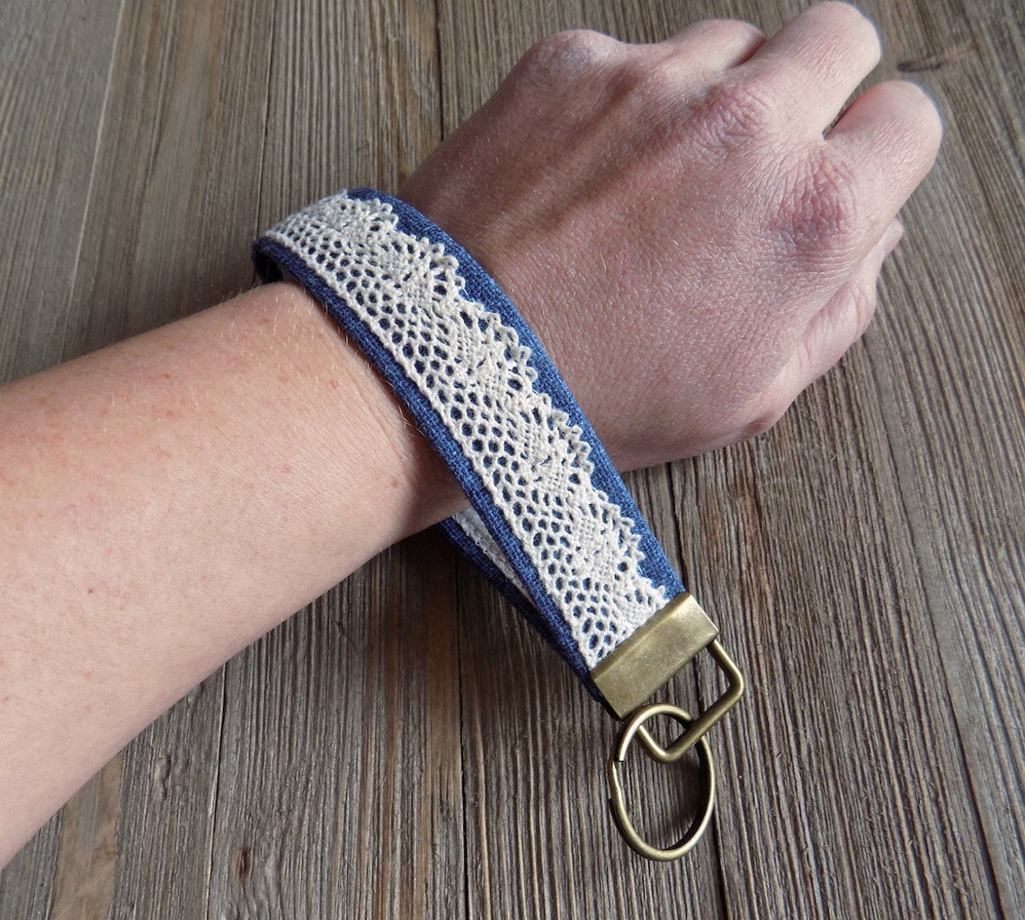 Wristlet Key Chain Wrist Key Fob in Blue With Vintage Lace | Etsy