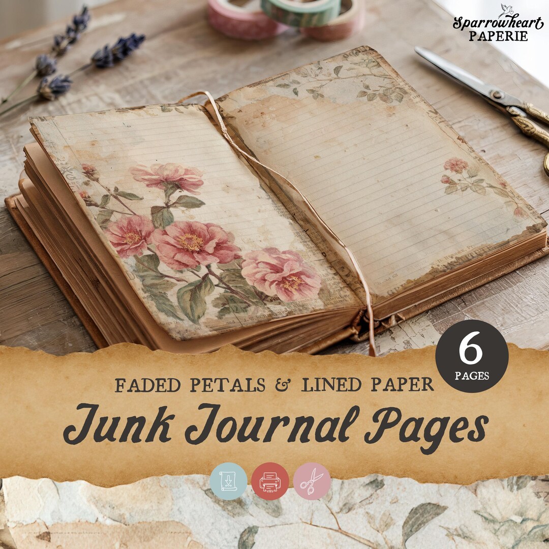 Faded Petals Junk Journal Lined Paper, Zinnia Lined Junk Journal Pages ...