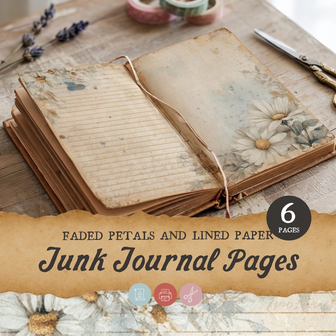 Faded Petals Junk Journal Lined Paper, Daisies Lined Junk Journal Pages ...