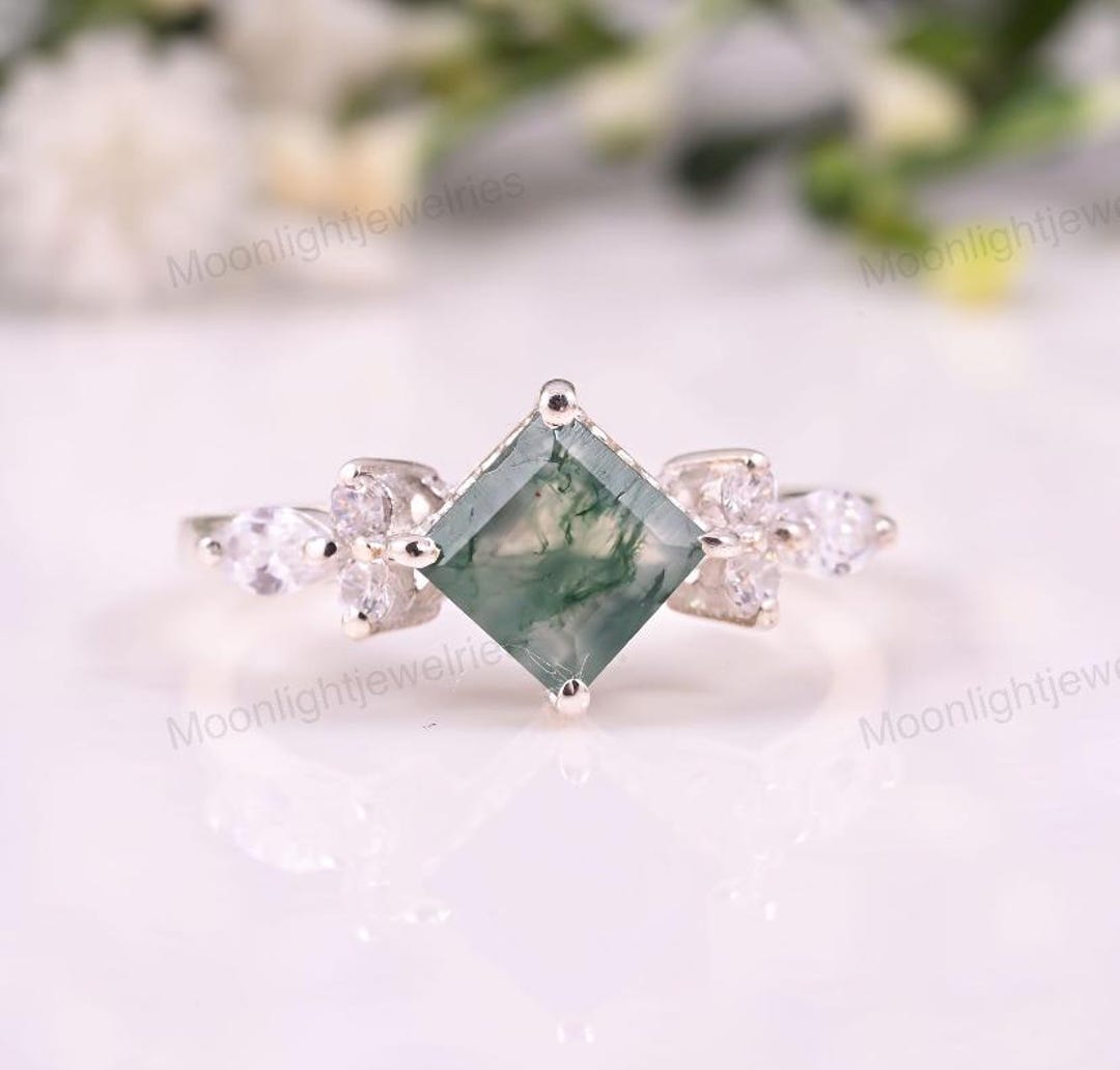 Princess Cut Moss Agate Engagement Ring: Sterling Silver Nature Ring - Etsy