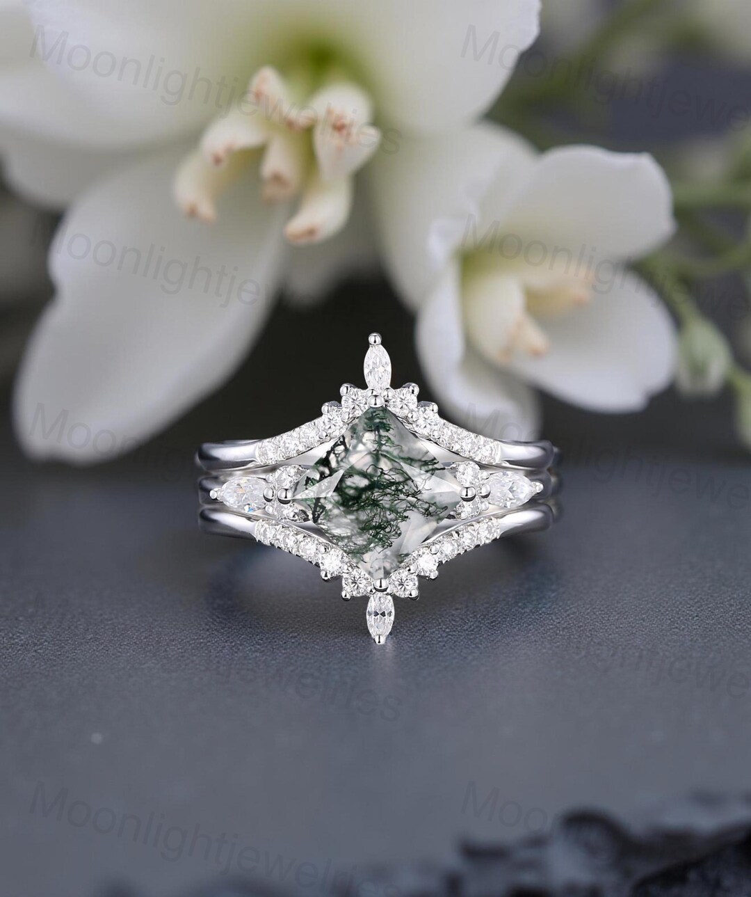 Princess Cut Moss Agate Engagement Ring Set, Moissanite White Gold ...