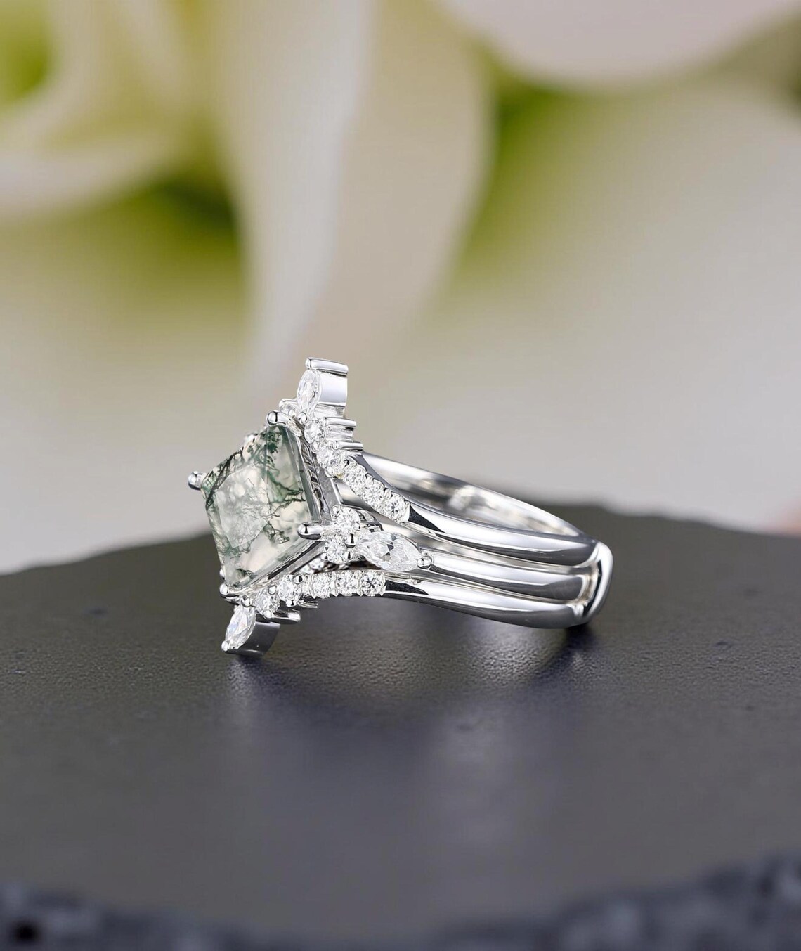 Princess Cut Moss Agate Engagement Ring Set, Moissanite White Gold ...